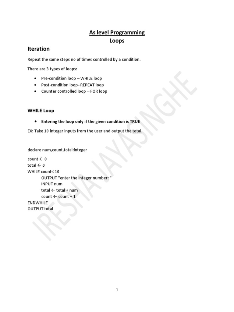 As Level Programming Loops Pdf Control Flow Computer Engineering 