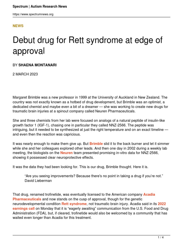 Rett Syndrome Drug Nears FDA Approval | PDF | Autism Spectrum | Causes ...