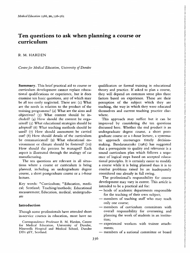 Harden, R.,1986 - Ten Questions To Ask When Planning A Course or ...