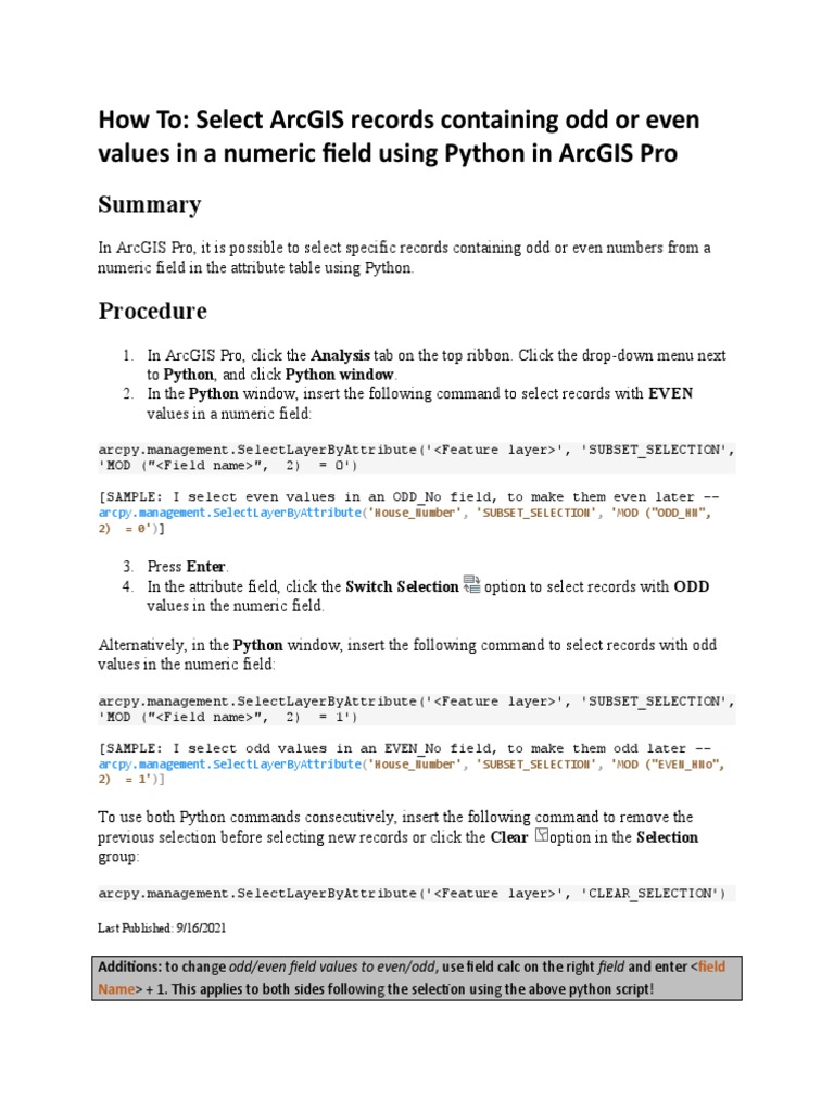 Selecting Odd or Even Values in Numeric Fields Using Python in ArcGIS Pro to Change the Values | PDF