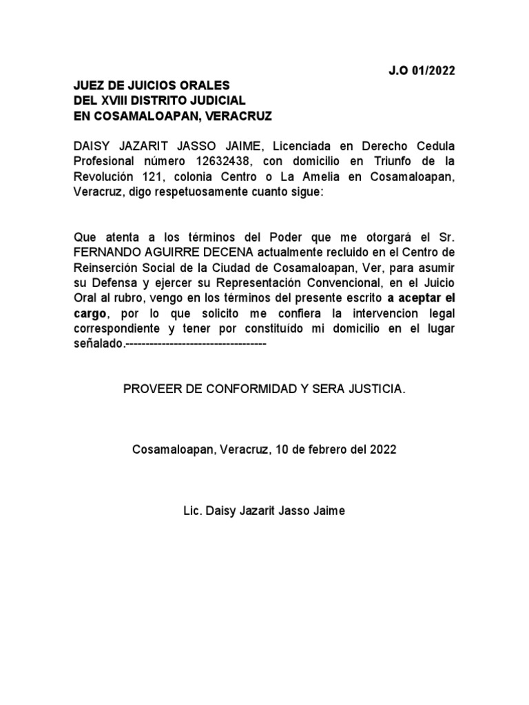 Solicitud de aceptación de cargo como defensora legal y constitución de ...