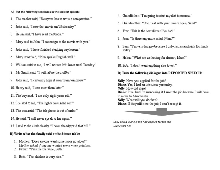 Grammar Handout - Exercises of Practic of Reported Speech | PDF