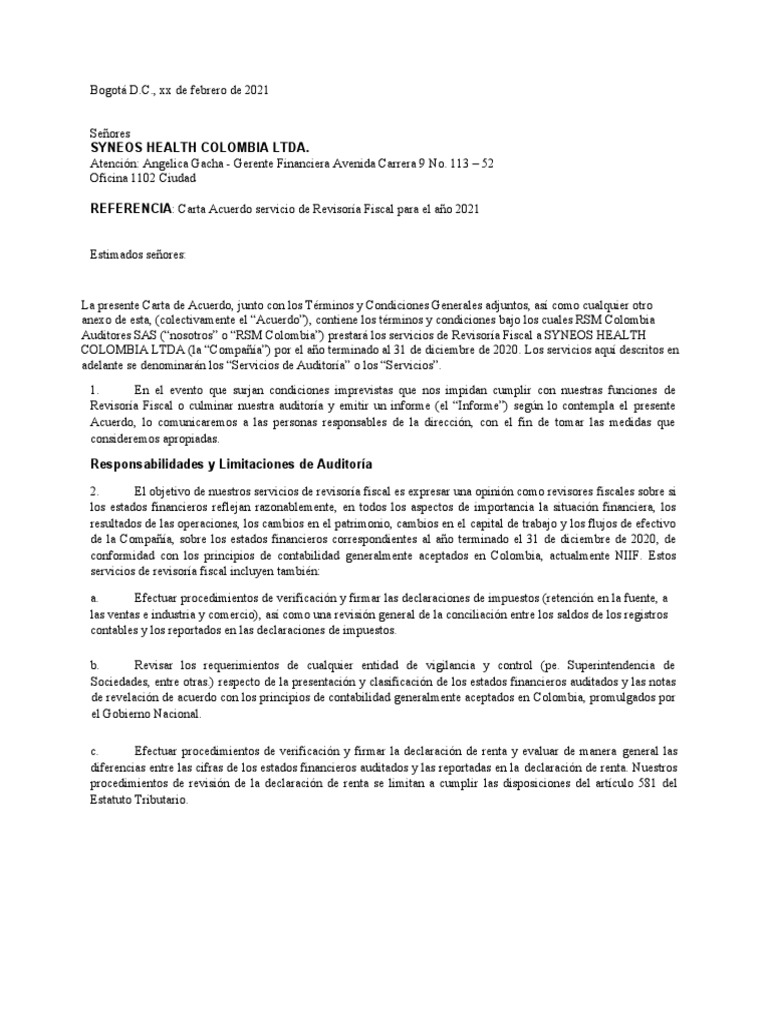 Carta Acuerdo Revisoria Fiscal Pdf Auditoría Estado Financiero