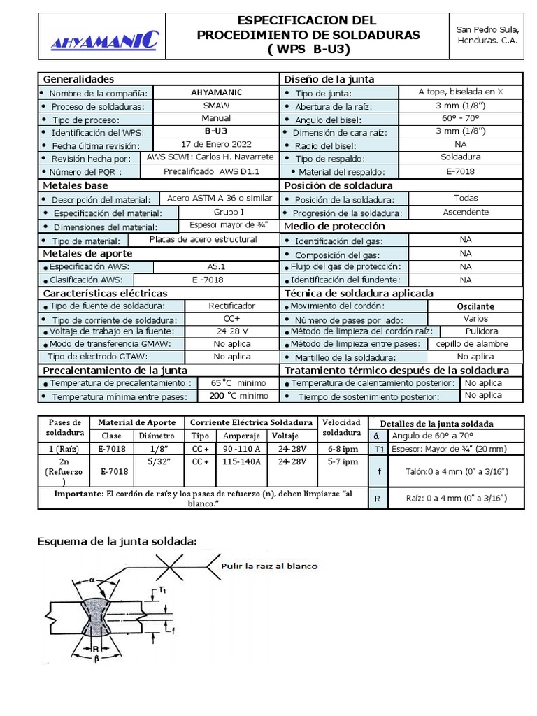 Especificación del Procedimiento de Soldaduras (WPS) para soldaduras manuales SMAW de acero ...