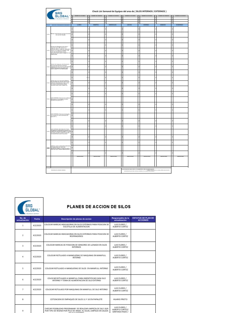 Checklist semanal de inspección y mantenimiento de equipos de silos internos y externos | PDF ...