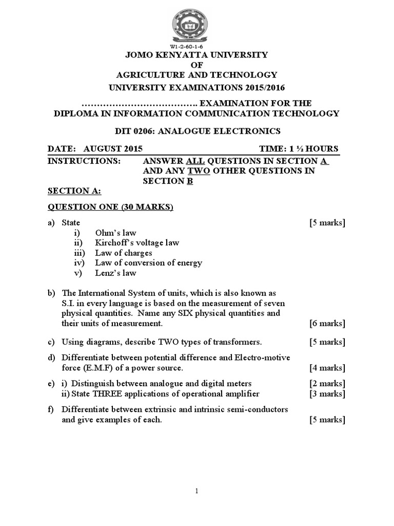 Diploma Exam: Analog Electronics 2015 | PDF | Capacitor | Voltage