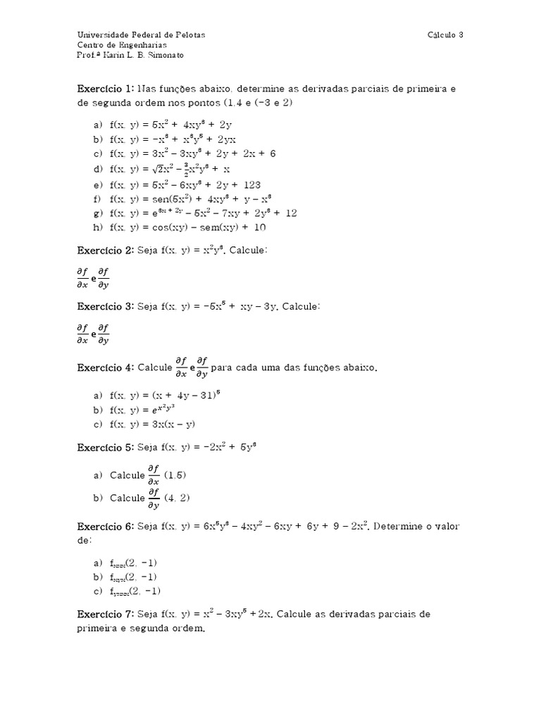 Lista Derivadas Parciais Pdf Derivado Matemática Aplicada