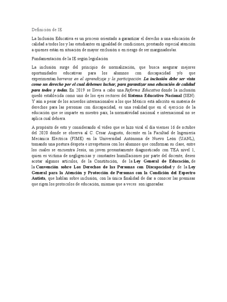 Definición de IE | PDF | Inclusión (Educación) | Aprendizaje