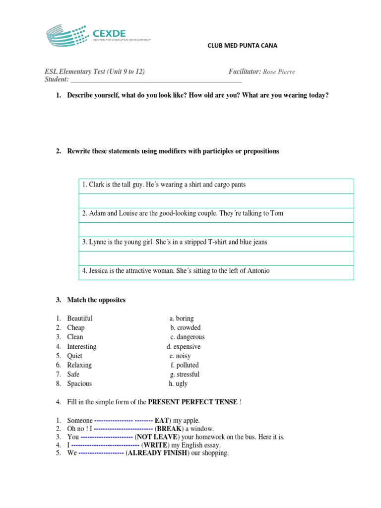 ESL Elementary Test 9 To 12 PDF | PDF