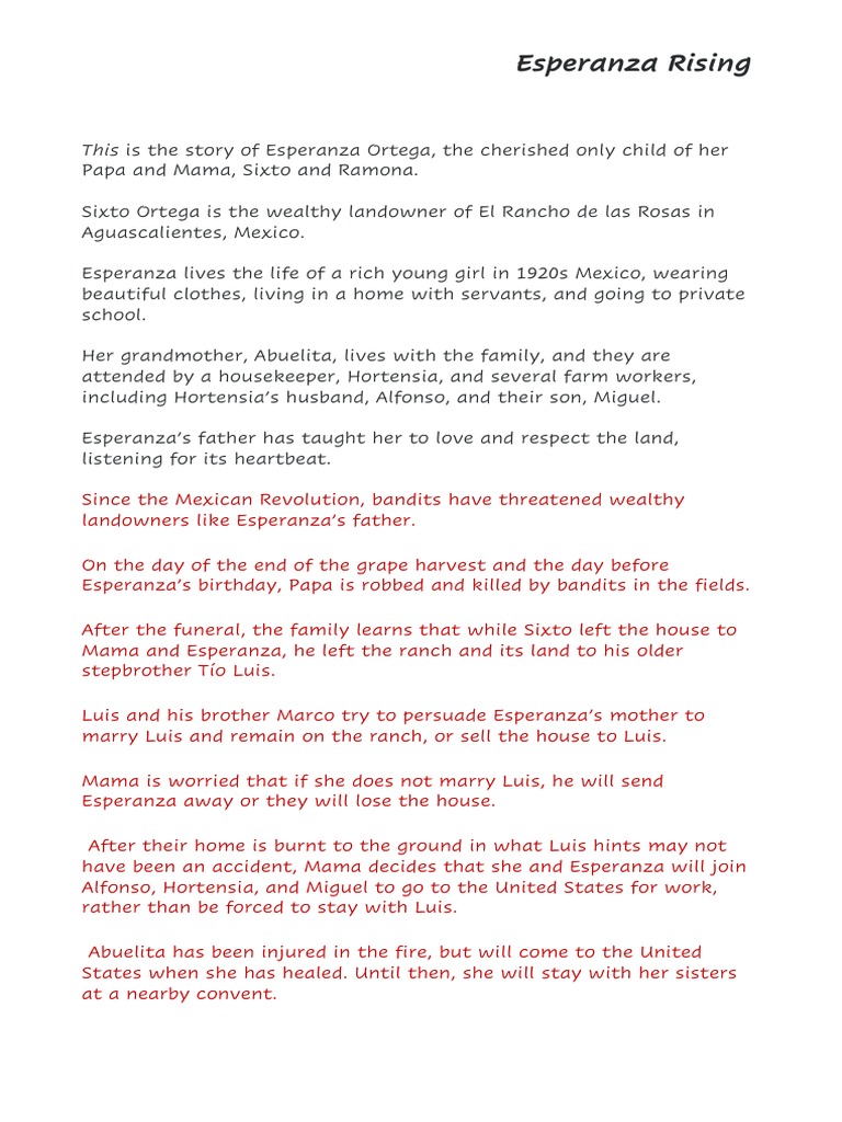 Esperanza Rising - Summar1-4 PDF | PDF