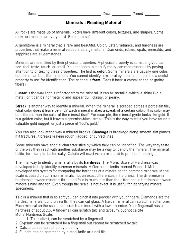 Minerals Reading Worksheet | PDF | Minerals | Gemstone