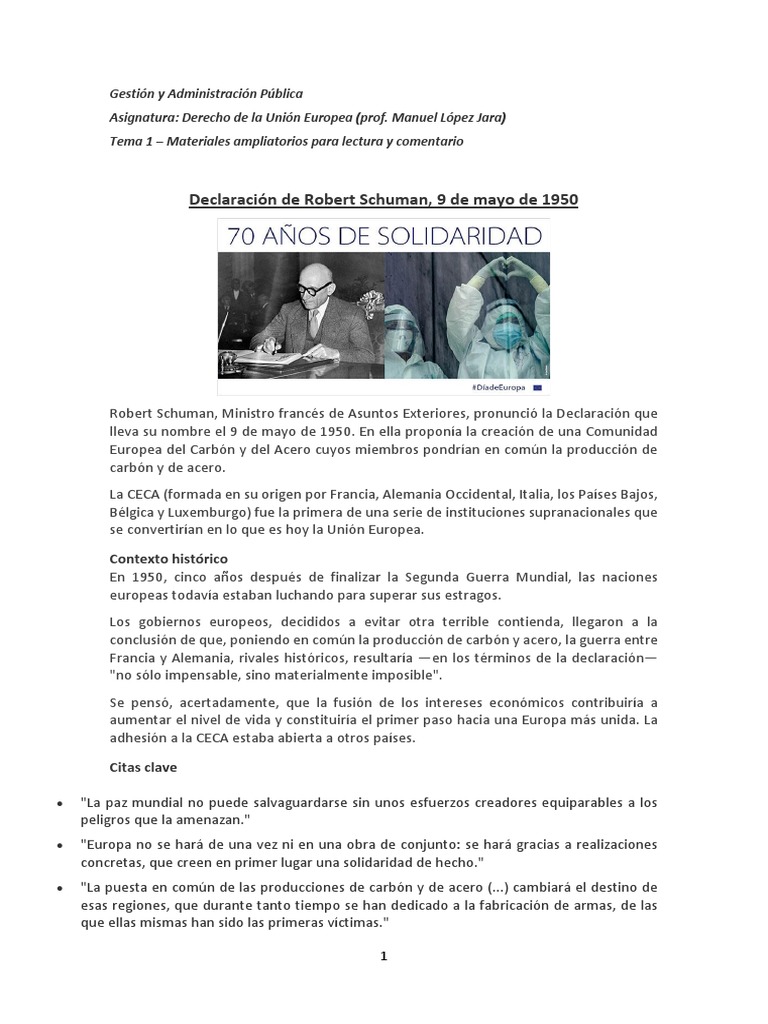 Tema 01 Material Complementario Declaración Shuman | PDF | Francia | Europa