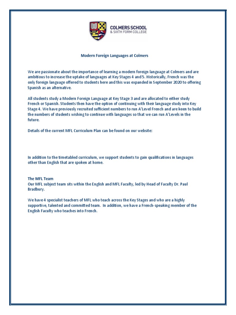 Colmers Modern Foreign Languages Program | PDF