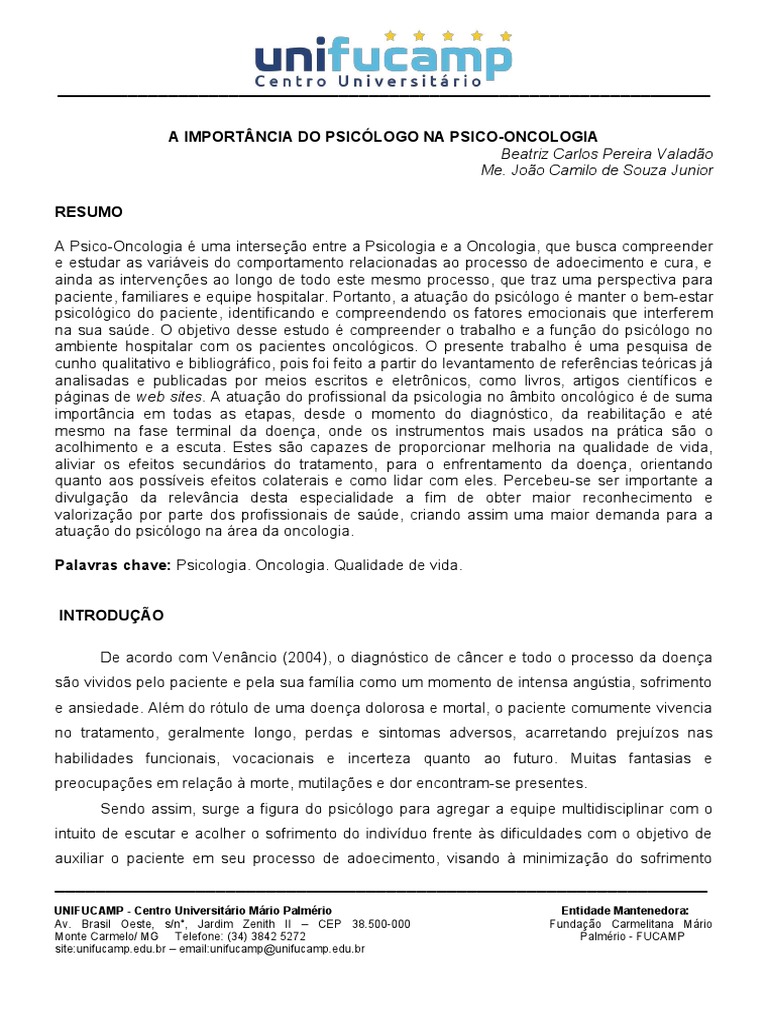 (Valadao, 2021) A Importância Do Psicólogo Na Psico-Oncologia PDF | PDF | Psicologia | Câncer