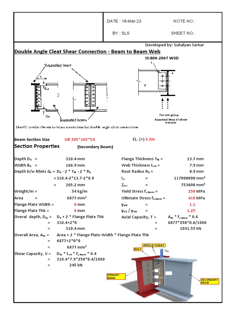Shear Connection Beam To Beam by Double Angle Cleat by IS Code | PDF ...
