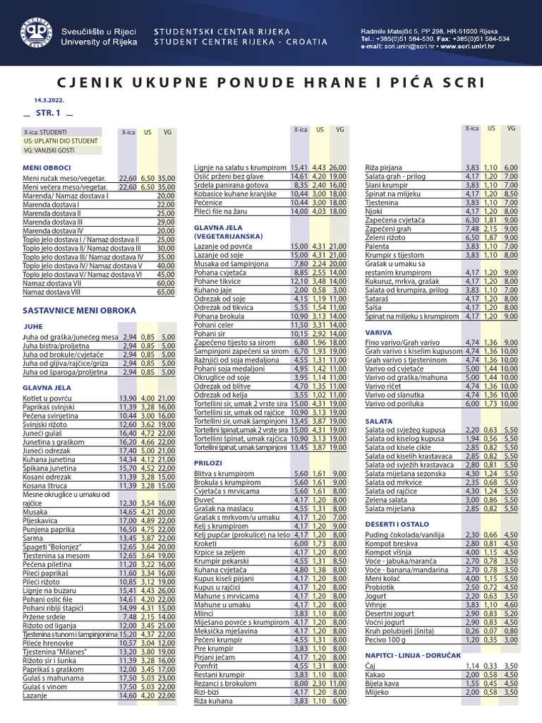 Cjenik Ukupne Ponude Hrane I Pia Scri - Oujak 2022 | PDF