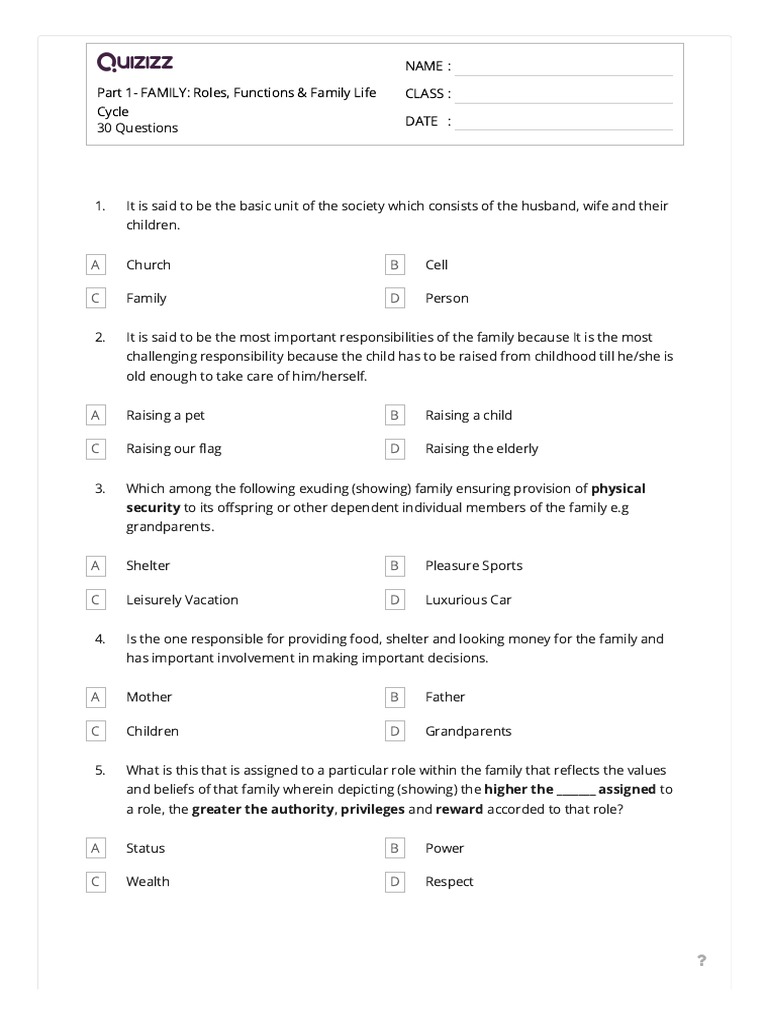 Family Roles and Life Cycle Quiz | PDF | Family | Stepfamily