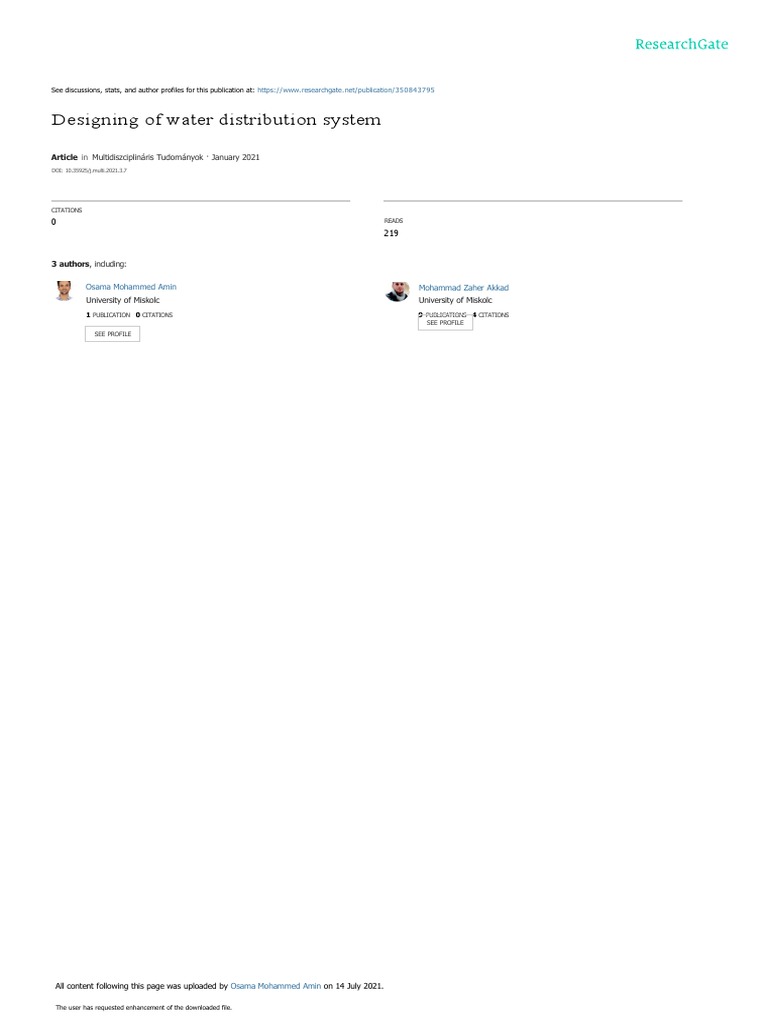 Designing Of Water Distribution System Multidiszciplináris Tudományok