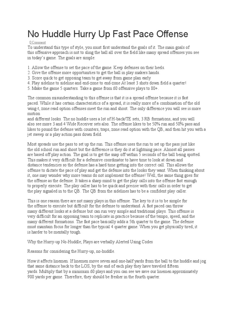 No Huddle Hurry Up Fast Pace Offense | PDF | Quarterback | American ...