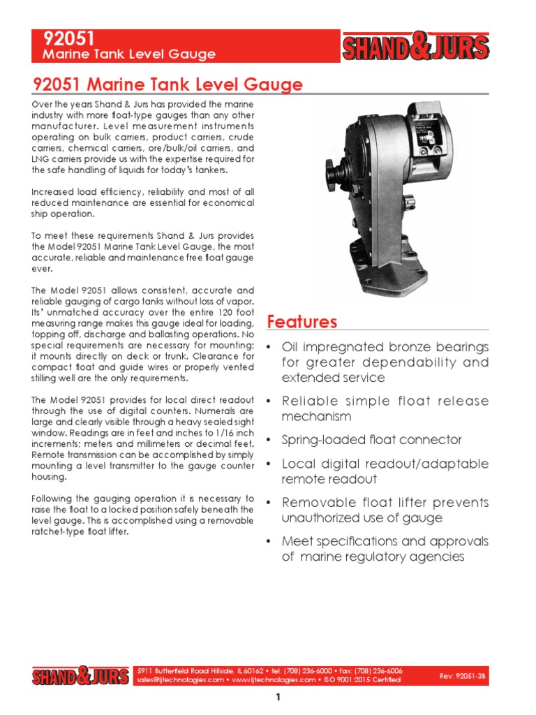 Marine Tank Level Gauge Model 92051 | PDF | Foot (Unit) | Calibration