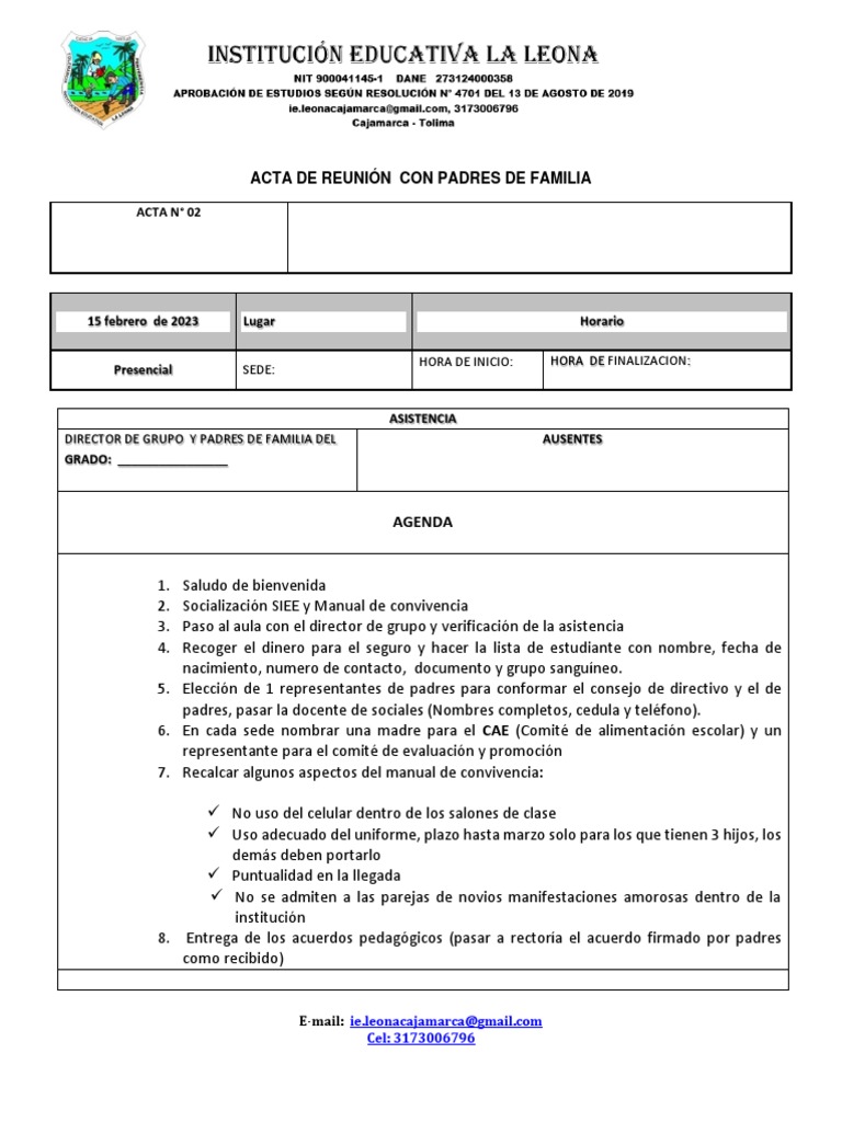 Acta de Reunión #2 Padres de Familia | PDF