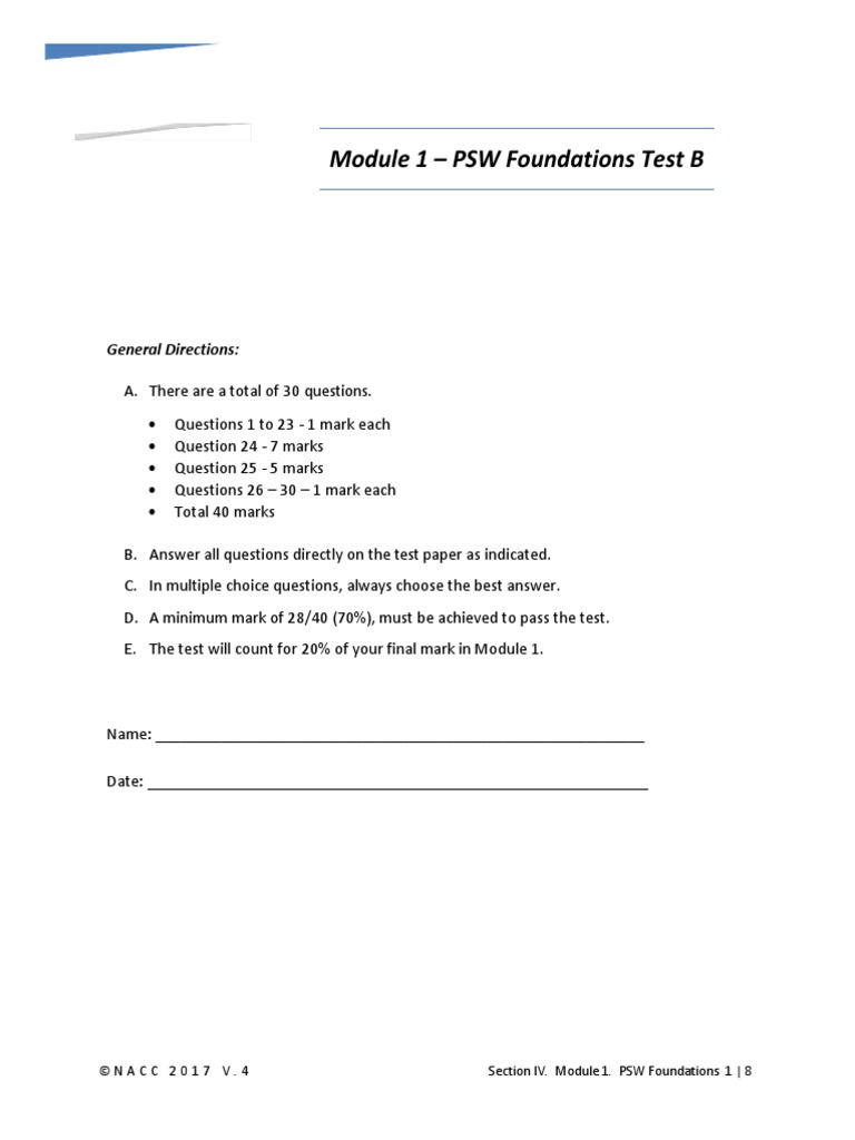 IV 2 Test Module 1 PSW Foundations B Form Fill PDF | PDF | Nursing ... IV 2 Test Module 1 PSW Foundations B Form Fill PDF | PDF | Nursing ...