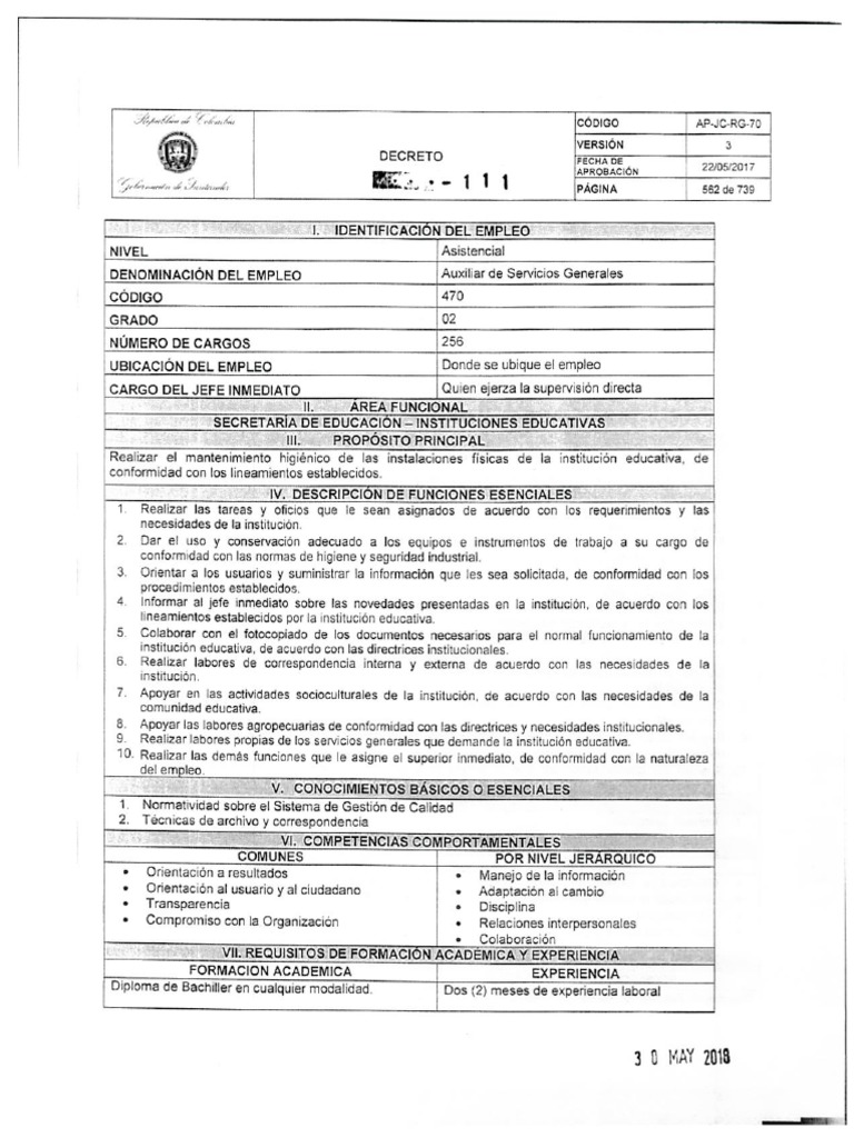 Manual de Funciones Auxiliar de Servicios Generales y Celador | PDF