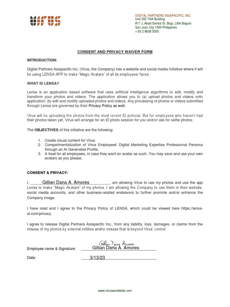 Lensa Consent and Waiver Form PDF | PDF | Computer Virus | Privacy