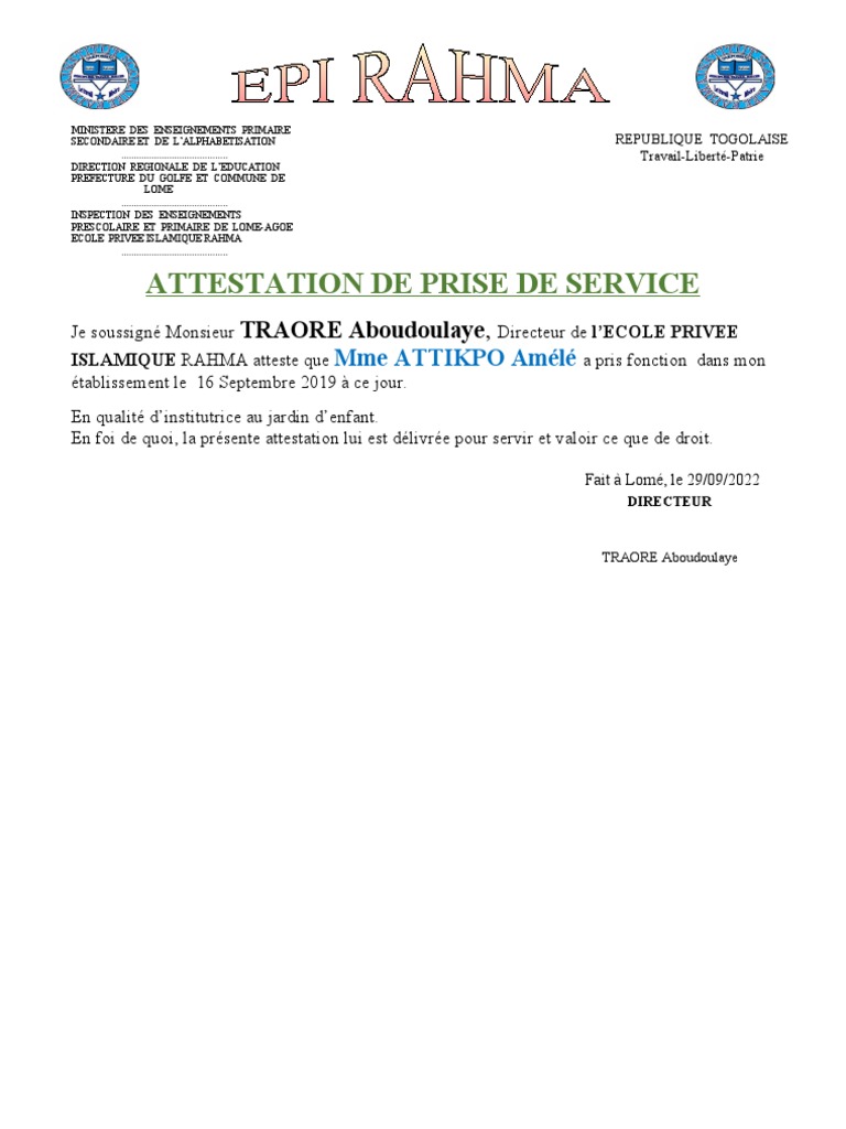 Attestation de Prise de Service - Rahma | PDF