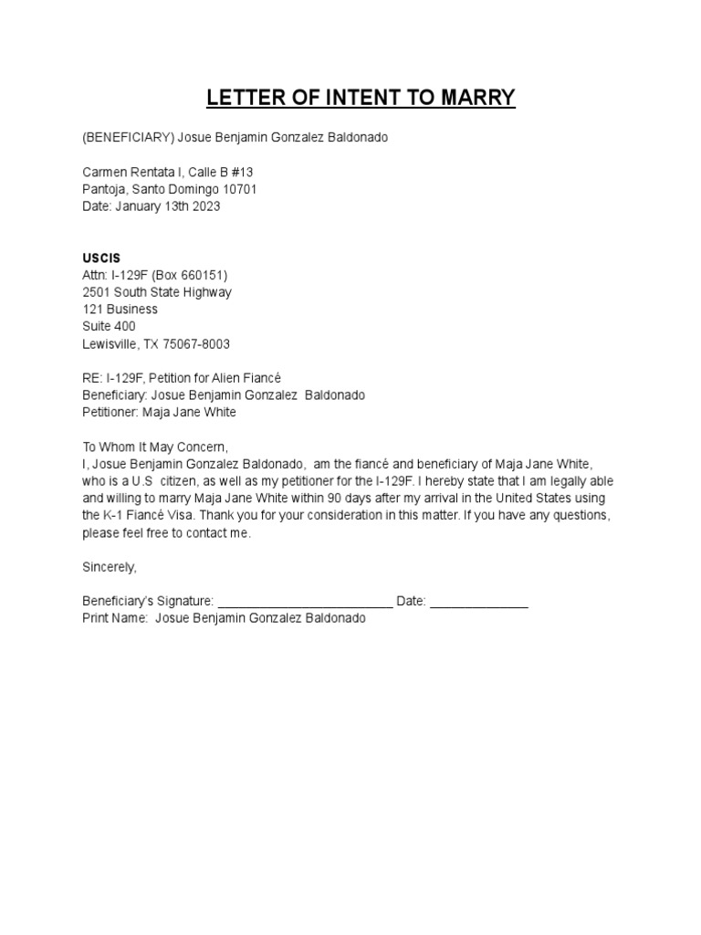 Letter of Intent to Marry for K-1 Visa | PDF