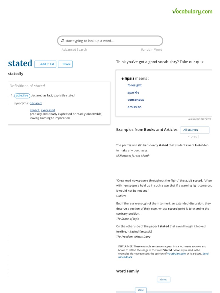 Stated - Definition, Meaning & Synonyms PDF | PDF | Vocabulary ...
