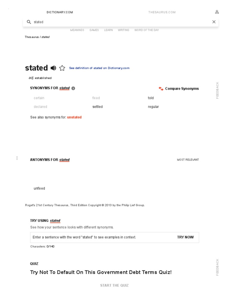 STATED Synonyms - 7 Synonyms & Antonyms For STATED PDF | PDF | Grammar ... STATED Synonyms - 7 Synonyms & Antonyms For STATED PDF | PDF | Grammar ...