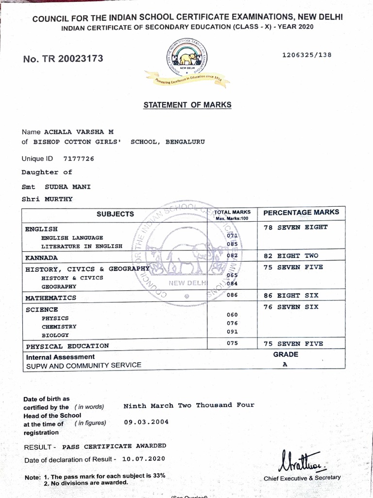 Statement of Marks: Council For The Indian School Certificate ...