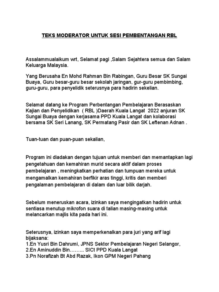Teks Moderator Untuk Sesi Pembentangan RBL | PDF