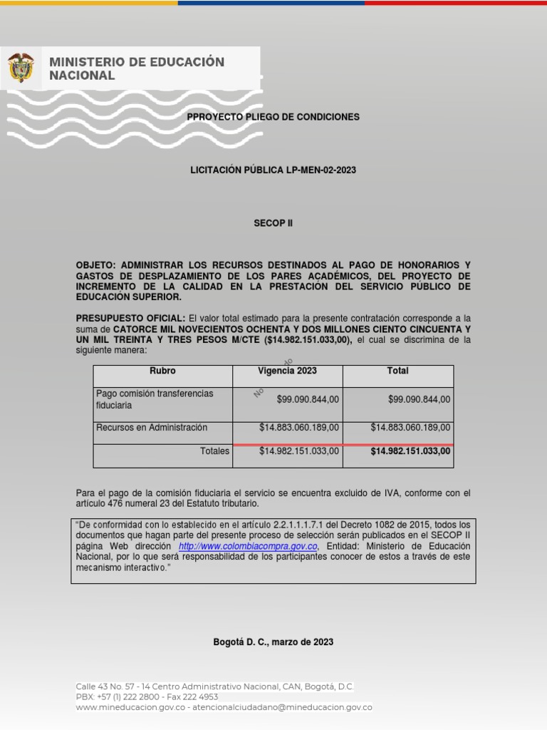 PROYECTO PLIEGO DE CONDICIONES PROCESO LICITATORIO No. LP-MEN-02-2023 PDF | PDF | Educación más ...