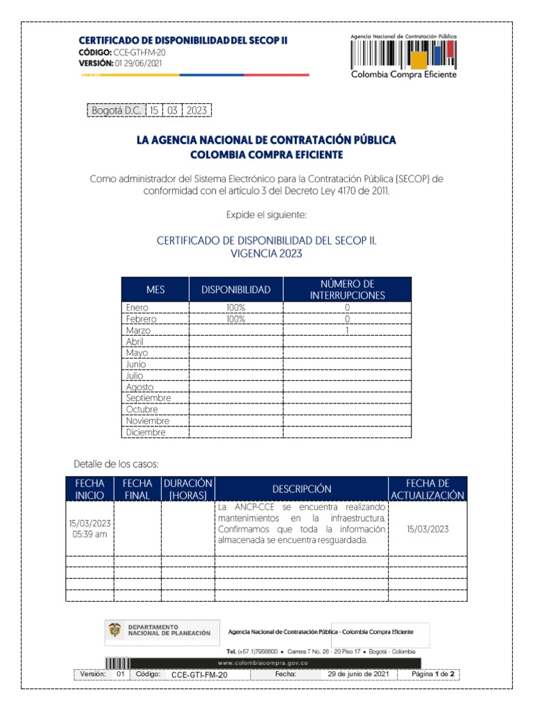 Cce-Gti-Fm-20 Certificado de Disponibilidad Del Secop II 26 | PDF | Finanzas y dinero | Tecnología