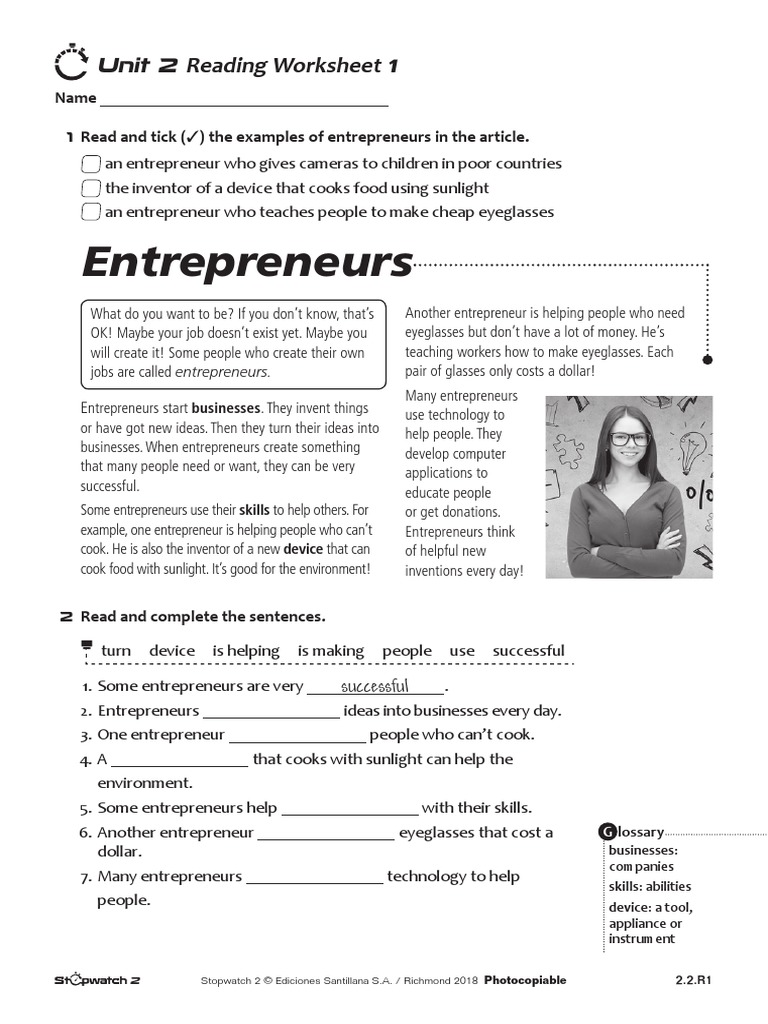 Entrepreneurs: Reading Worksheet | PDF | Glasses | Invention