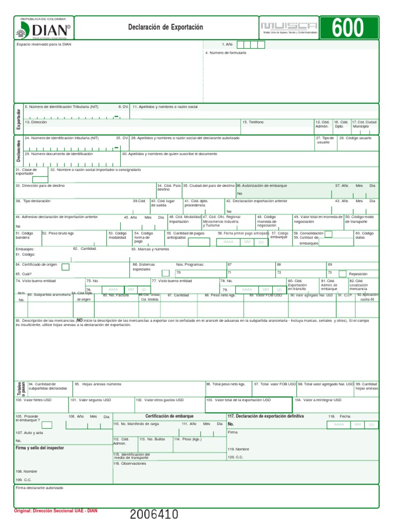 Declaración de exportación DIAN modelo 600 | PDF | Transporte | Economias