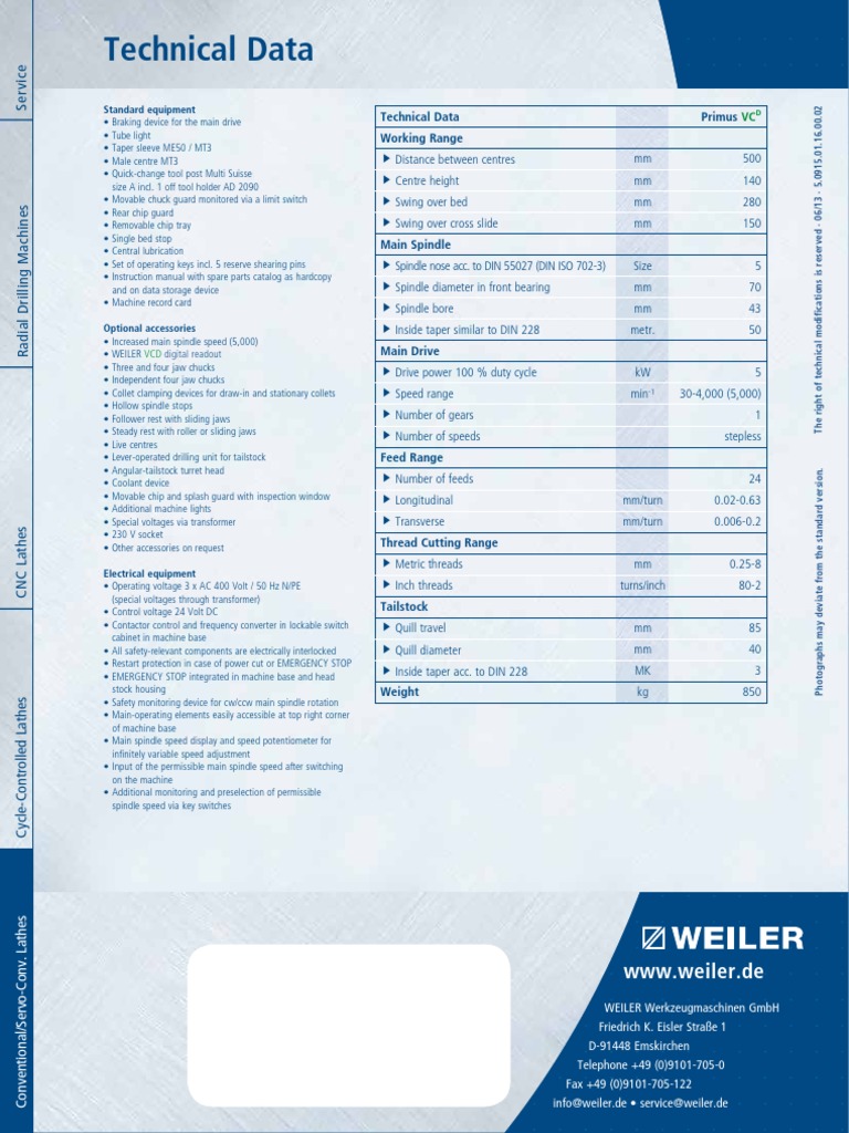 Technical Data: WWW - Weiler.de | PDF | Metalworking | Machines
