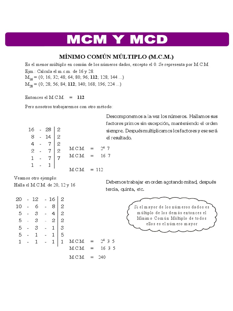 MCM y MCD para Cuarto de Primaria | PDF | Teoría de los números | Matemática Elemental