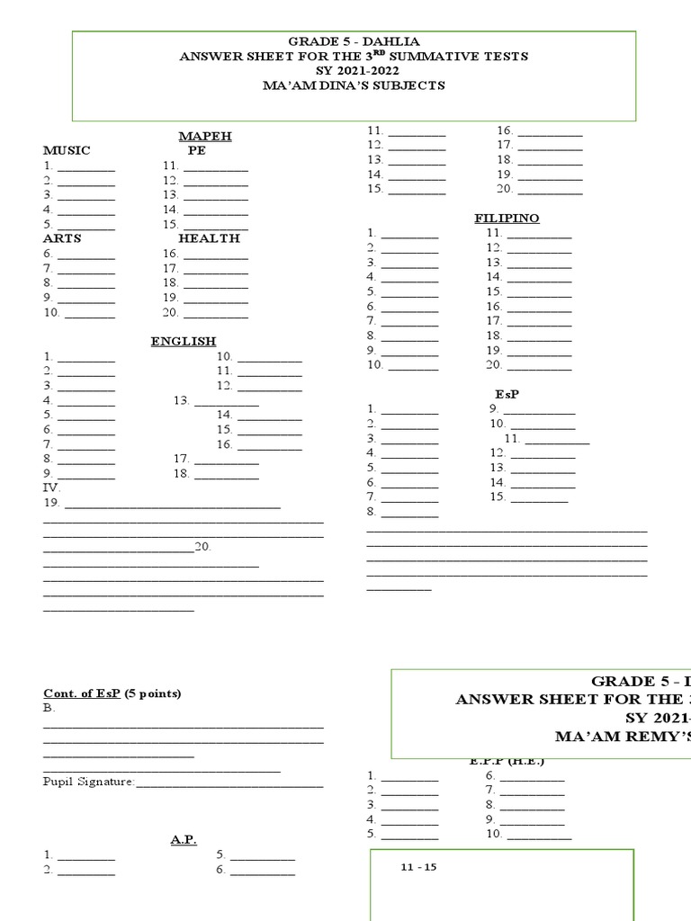 Answer Sheet For Summative Test Dahlia | PDF | Philippines | Republic