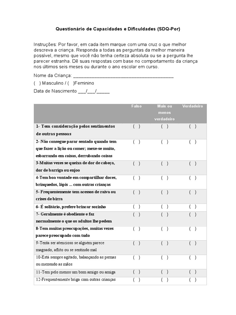 SDQ Questionário de Capacidades e Dificuldades | PDF | Autoajuda