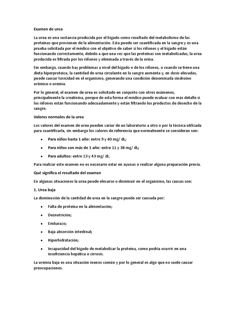 Examen de Urea: Función y Resultados | PDF | Riñón | Orina