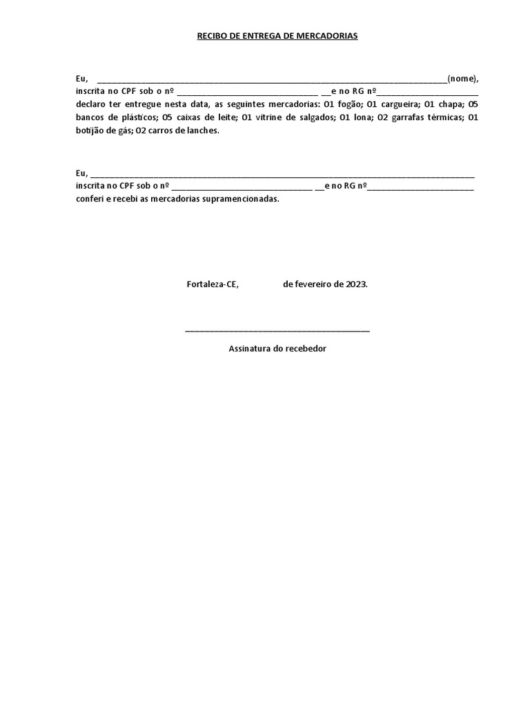 Recibo de Entrega de Mercadorias | PDF