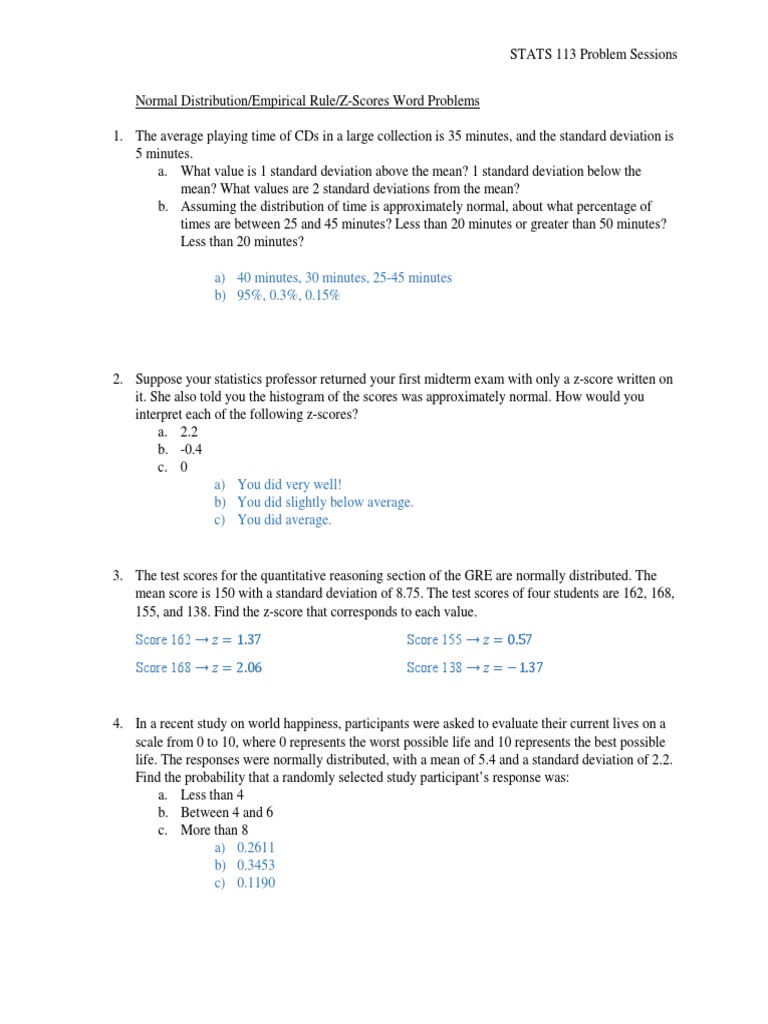 Normal Distribution Empirical Rule Z-Scores Word Problems Answer Key ...