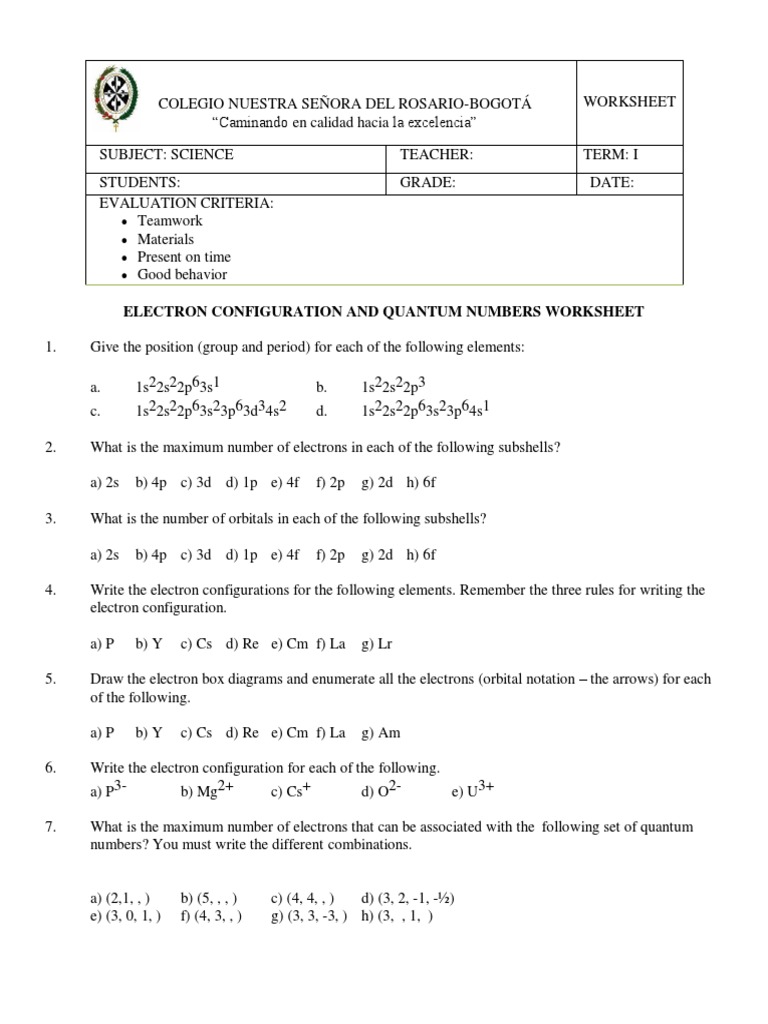 Electron Configuration and Quantum Numbers Worksheet | Download Free PDF | Electron ...