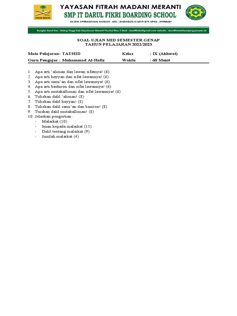 SOAL MID SEM GENAP 2023 TAUHID KELAS 9 (Akhwat) | PDF