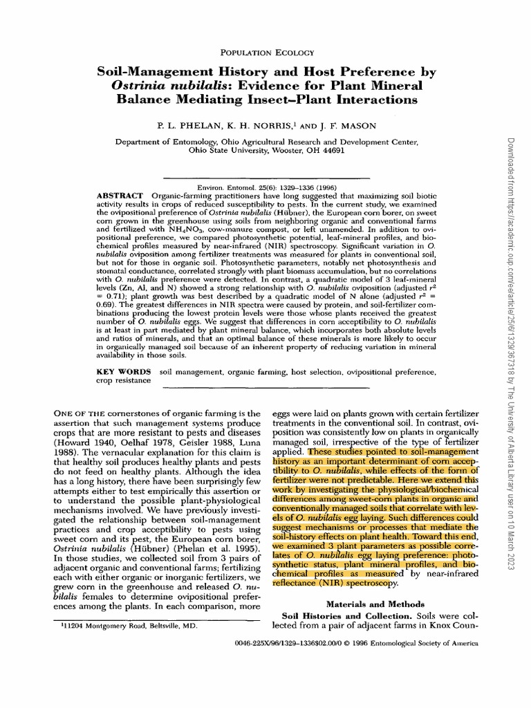 Soil-Management History and Host Preference by Ostrinia Nubilalis - Evidence For Plant Mineral ...