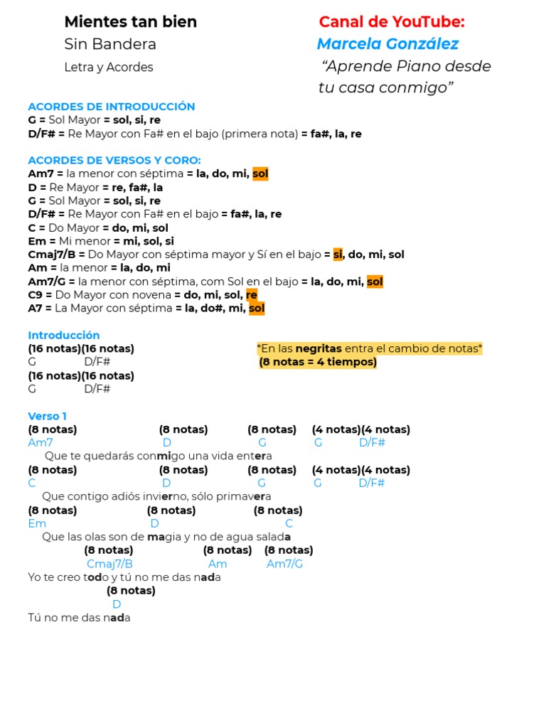 Mientes Tan Bien, Letra y Acordes. Sin Bandera | PDF | Acorde (Música ...