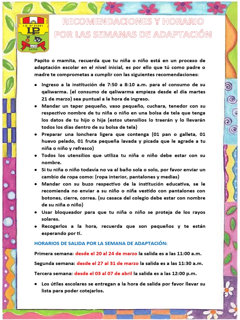 Recomendaciones y Horario Por Las Semanas de Adaptación-2 | PDF